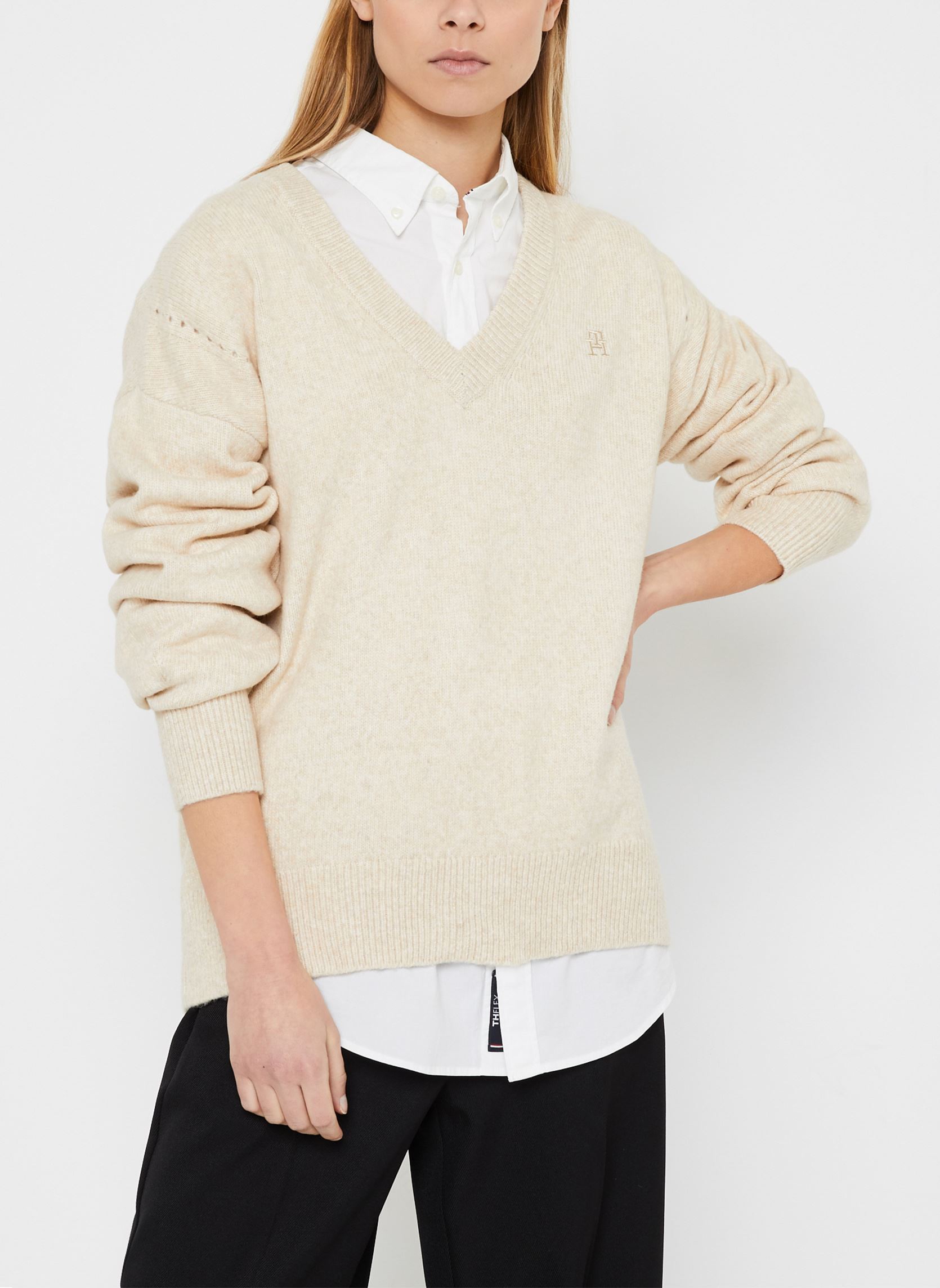 Tommy Hilfiger Pulls Pull - Puff Sleeve V-Nk Sweater femme beige ...