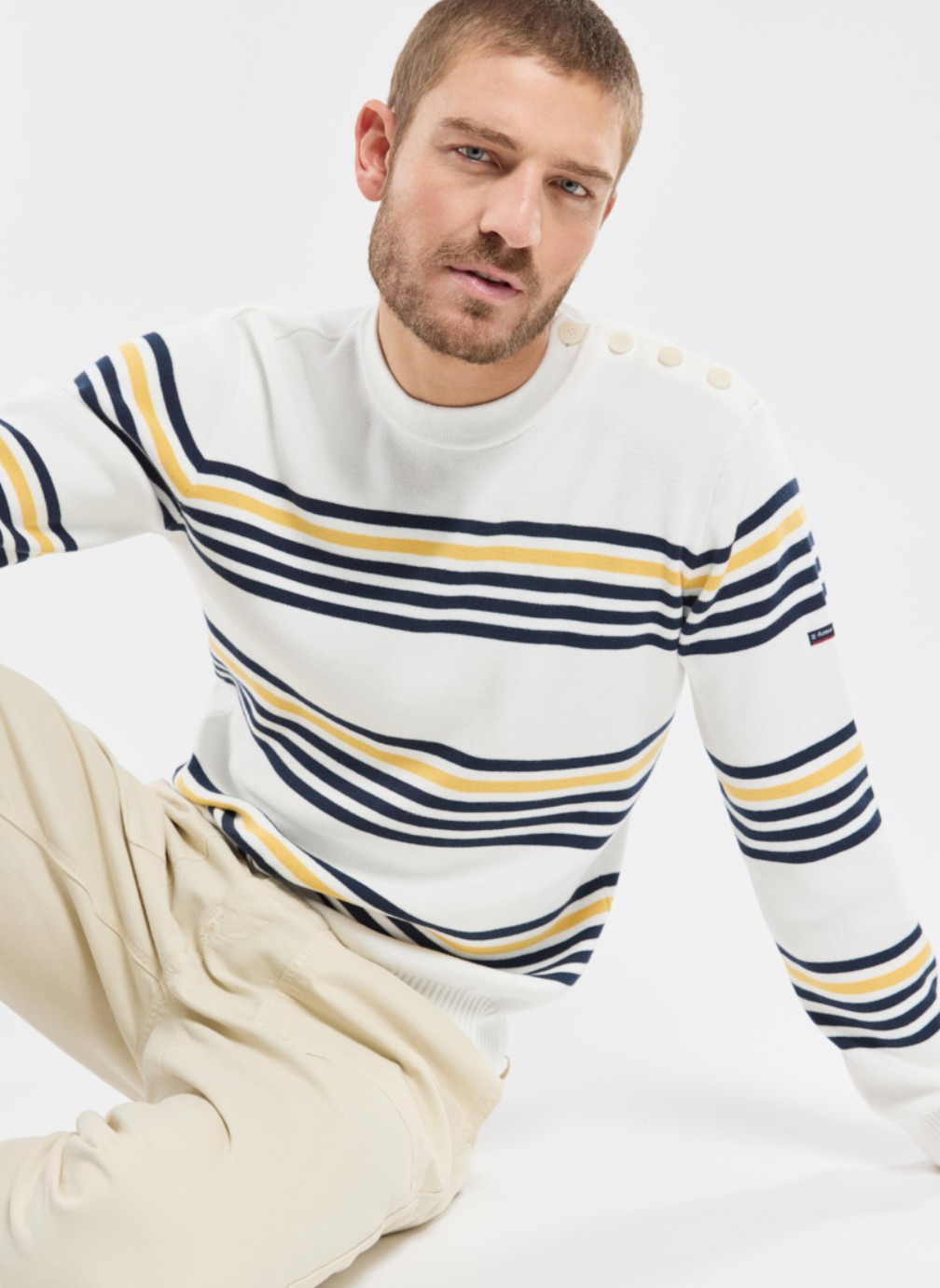 Armor Lux Pulls Pull 72464 milk/marine deep/yellow e2 homme blanc ...