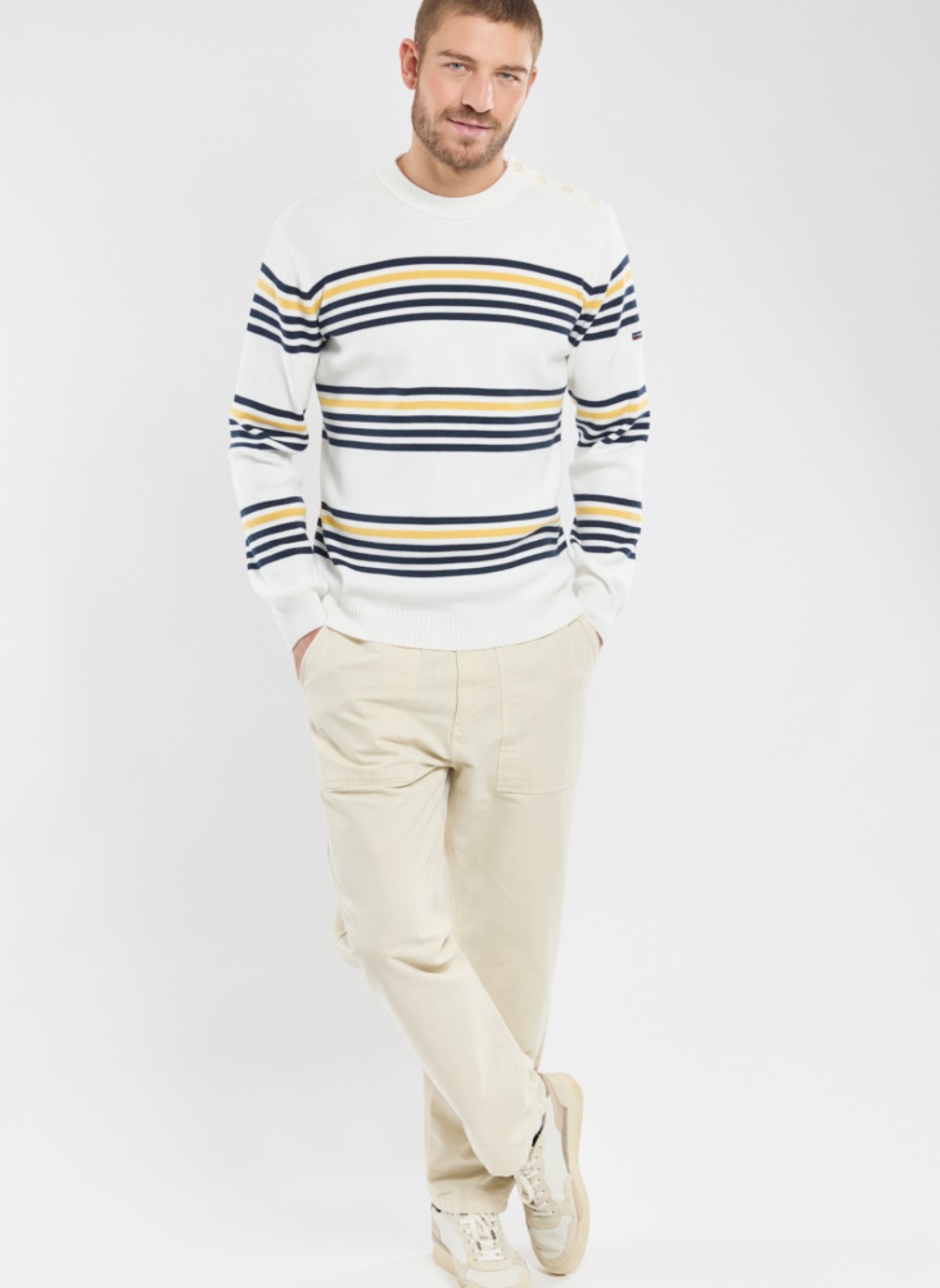 Armor Lux Pulls Pull 72464 milk/marine deep/yellow e2 homme blanc ...