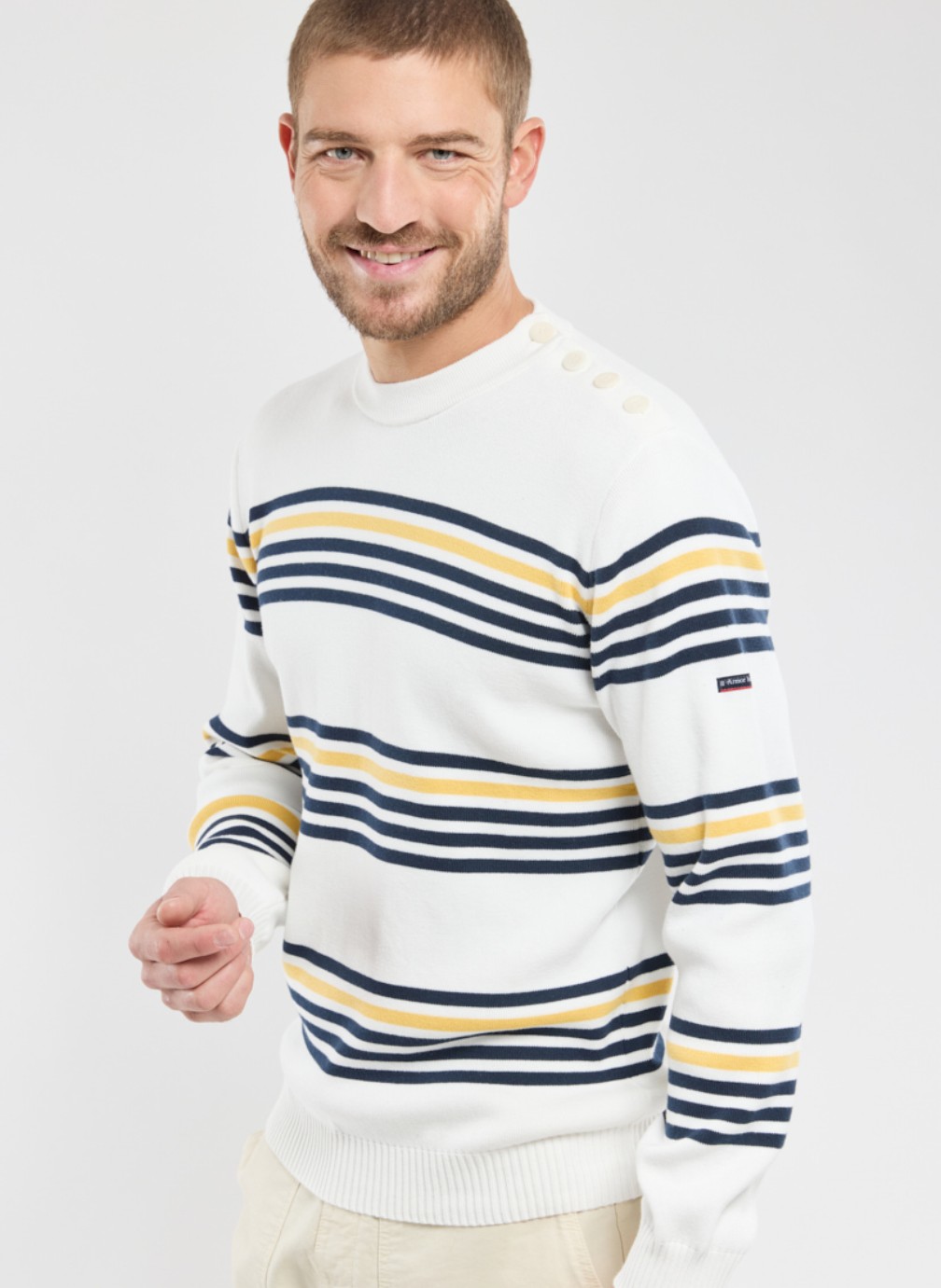 Armor Lux Pulls Pull 72464 milk/marine deep/yellow e2 homme blanc ...