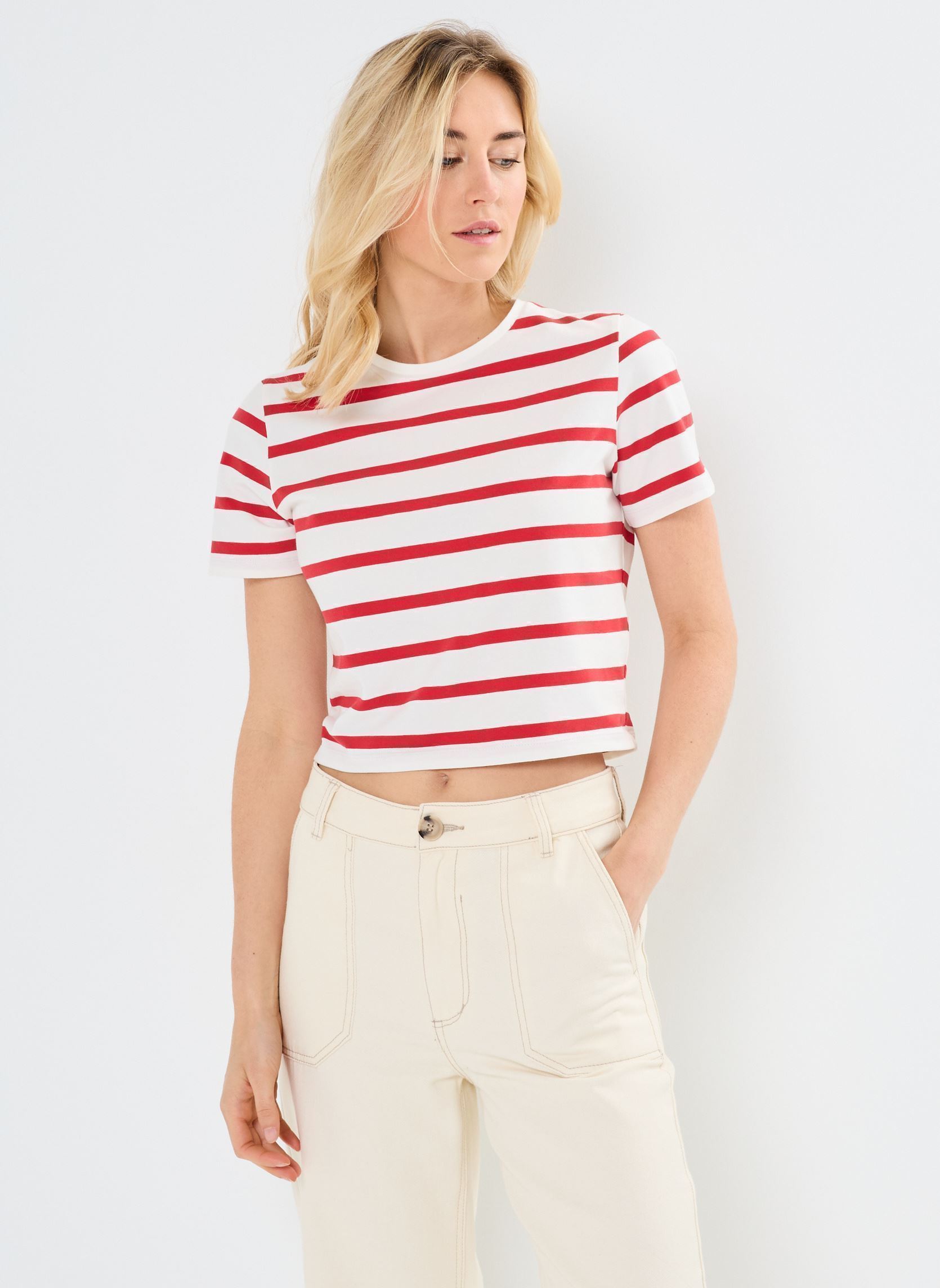 MADE BY Tee-shirts manches courtes T-SHIRT-RAYURES-crop femme rouge ...