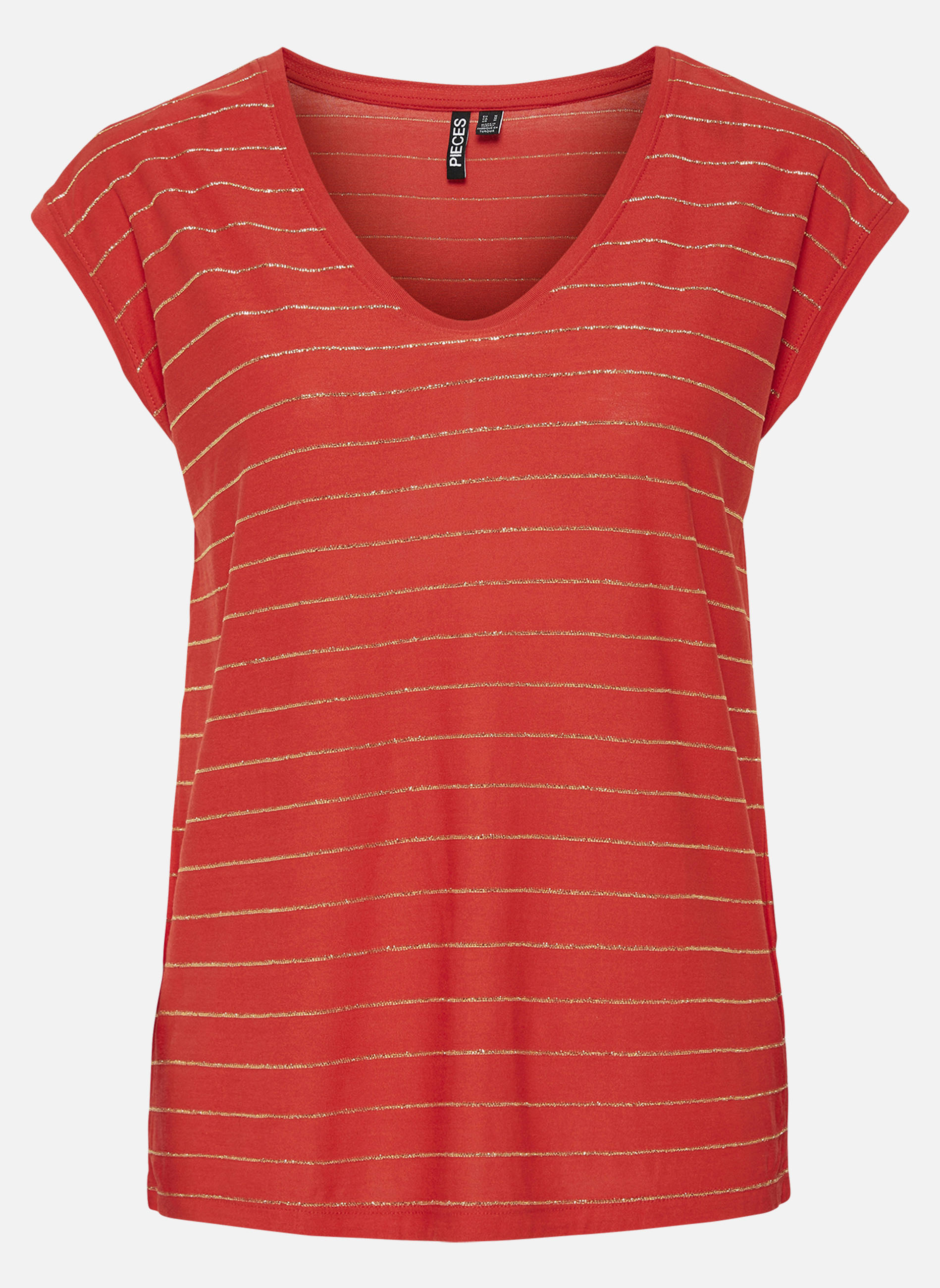 Pieces Tee-shirts manches courtes T-shirt rouge à rayures dorées ...