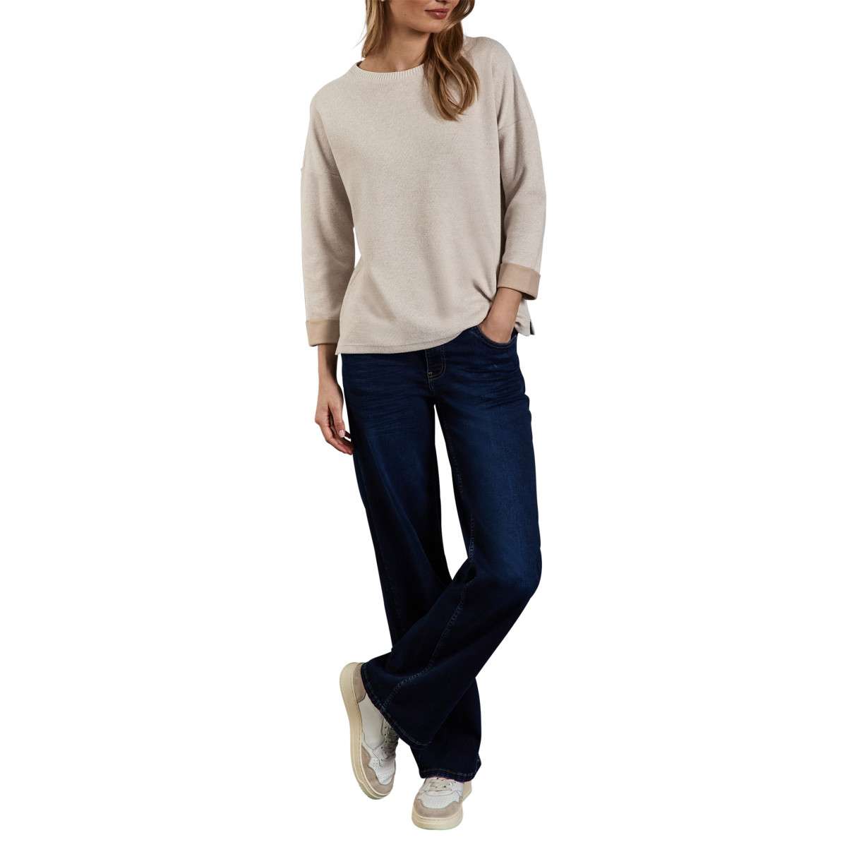 Street One Pulls Pull beige en maille fine à coupe droite avec col rond ...