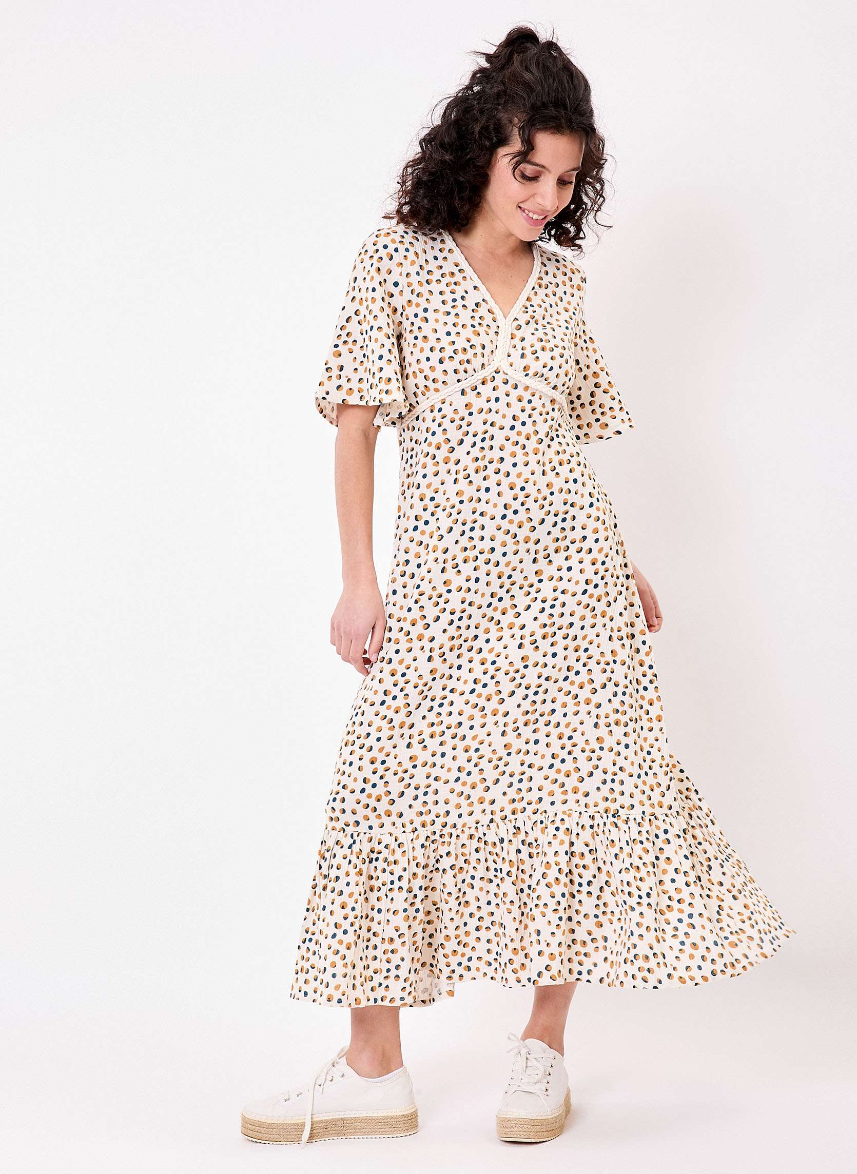 La Fiancée Robes Robe longue évasée gaze de coton bio PEARL femme beige ...