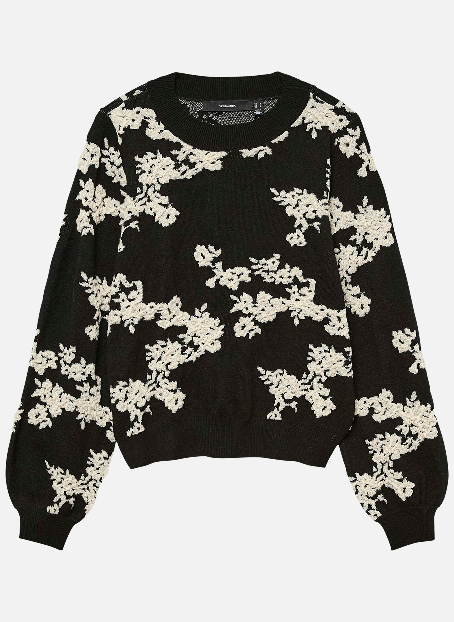 Vero Moda Pulls Pull noir avec motif fleuri blanc avec une coupe droite et un col rond noir ...