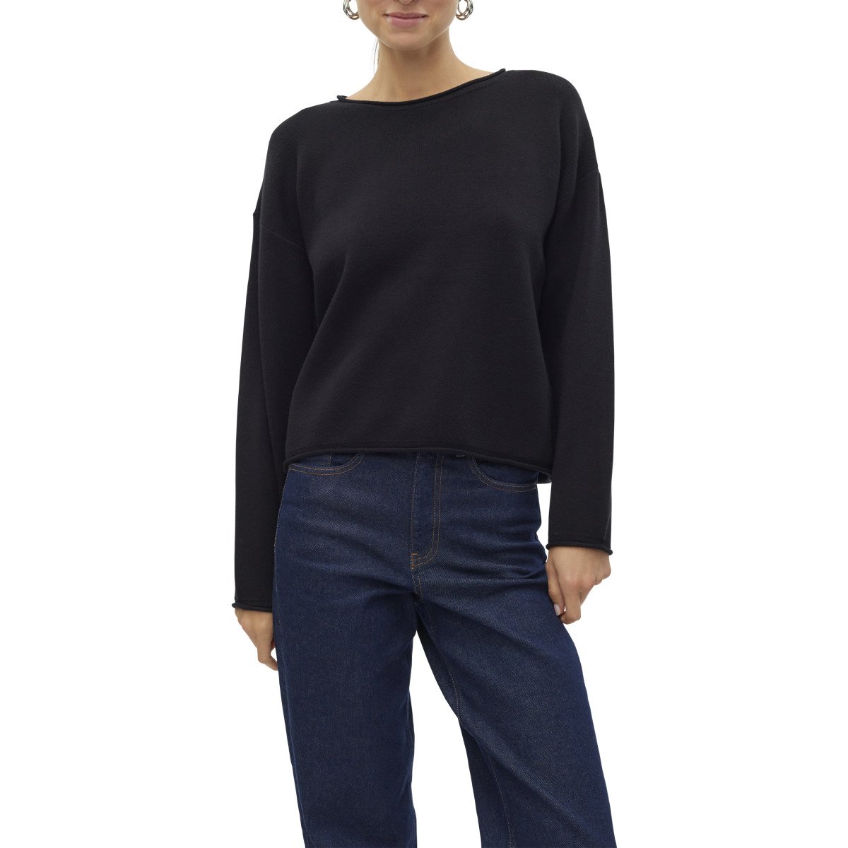 Vero Moda Pulls Pull noir uni à coupe ample avec un col rond et des ...