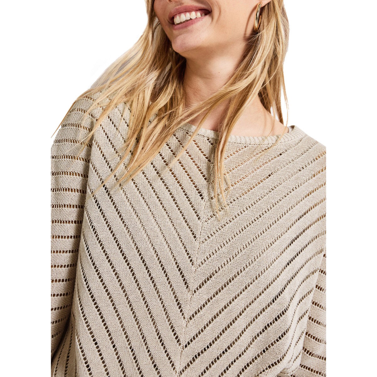 Street One Pulls Pull en coton mélangé beige uni avec un col rond et ...