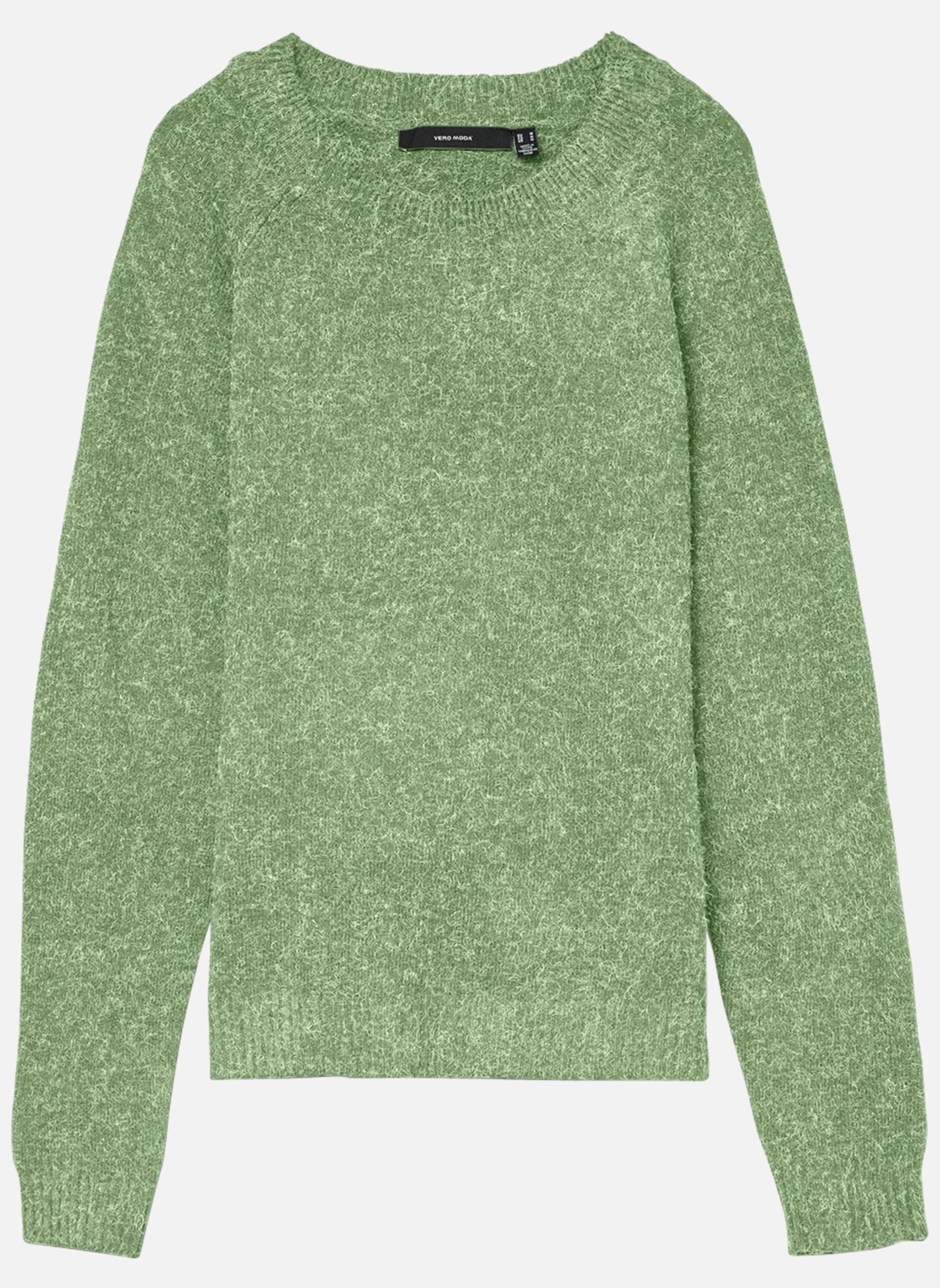Vero Moda Pulls Pull vert uni pourvu d'un col rond côtelé et de manches ...
