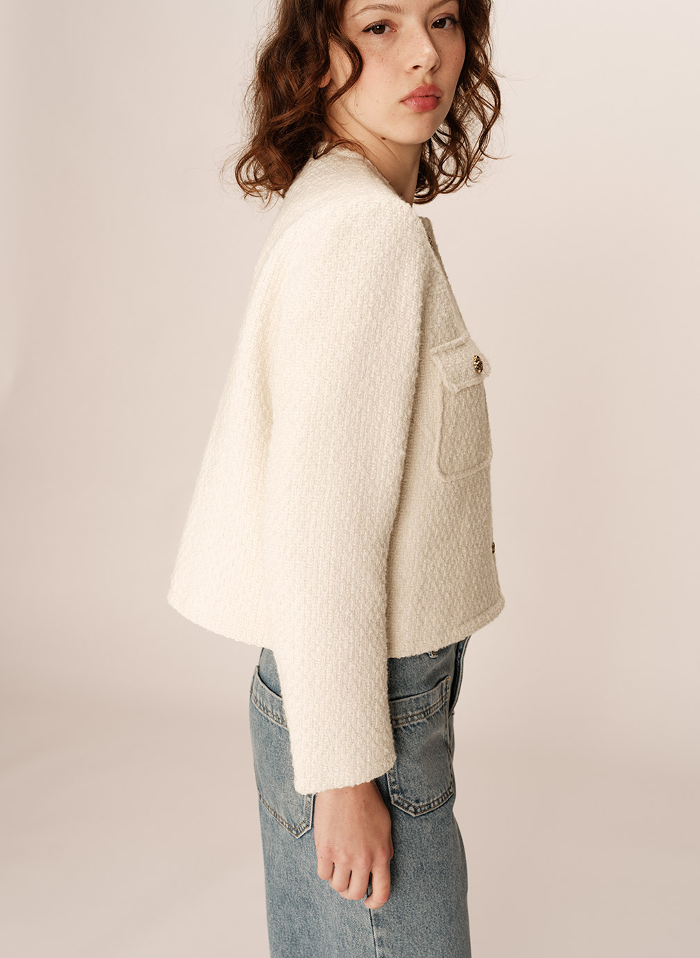 Grace & Mila Vestes Veste courte tweed sans col ecru Prune femme beige ...