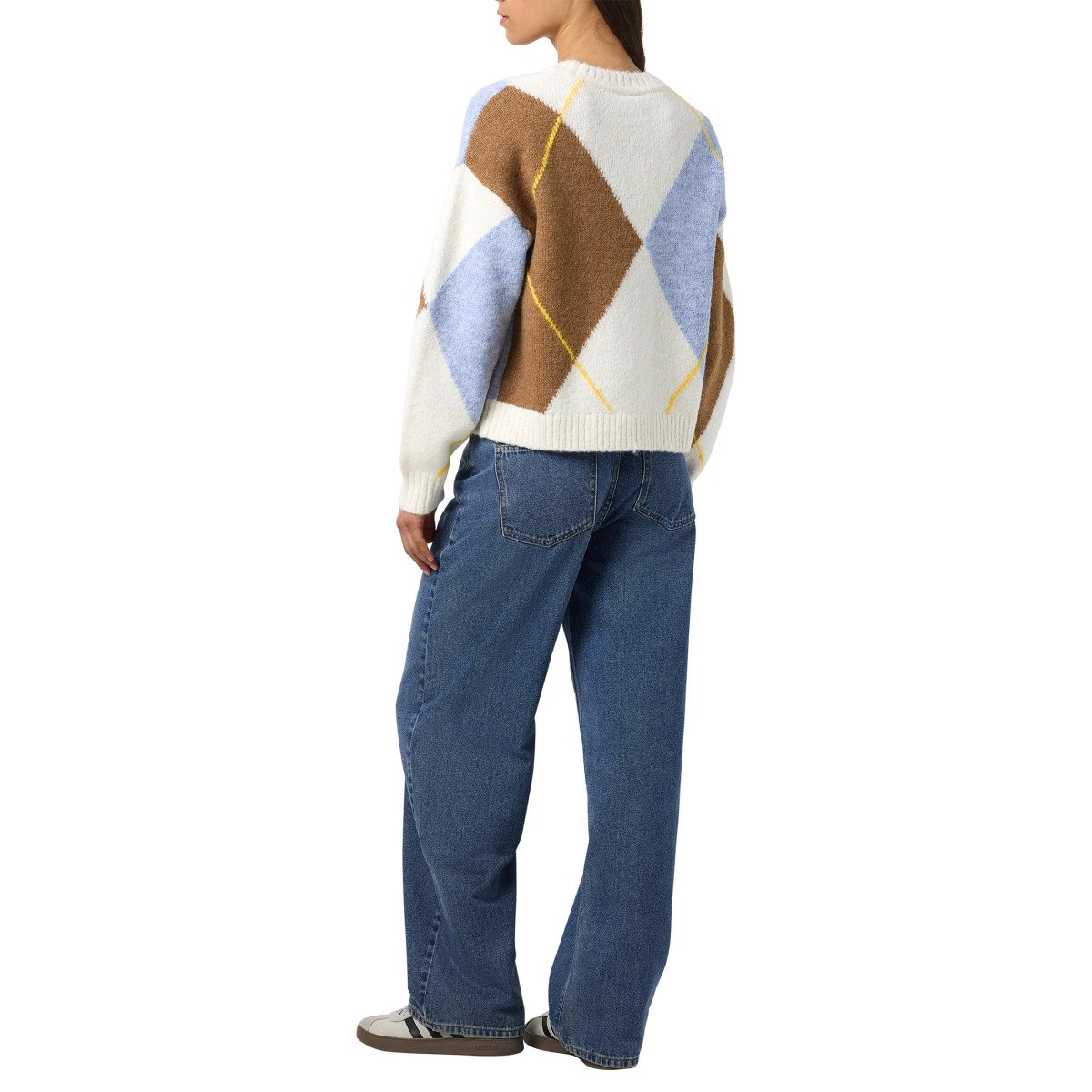 Noisy May Pulls Pull écru à losanges avec un col rond et des manches ...