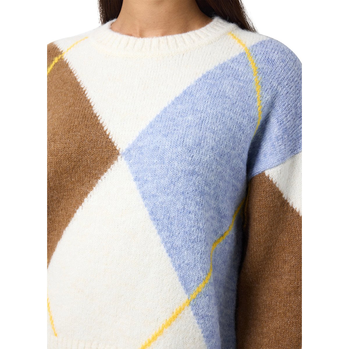 Noisy May Pulls Pull écru à losanges avec un col rond et des manches ...