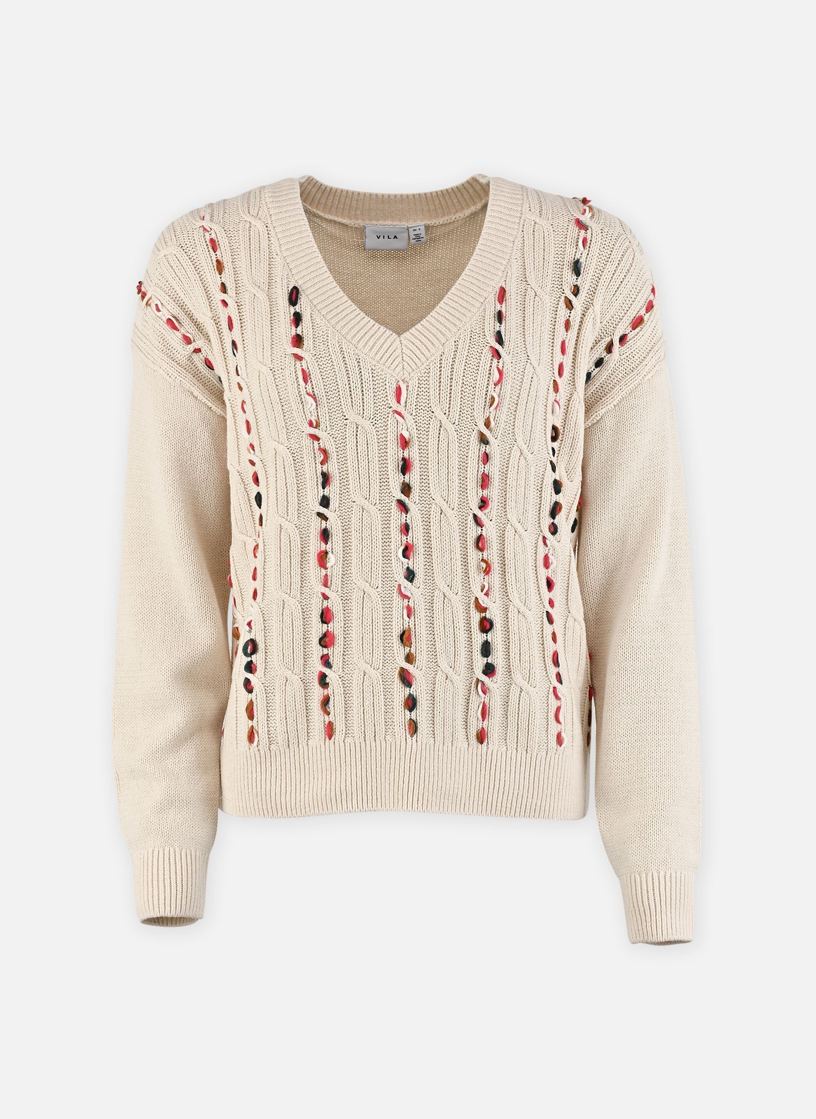 Vila Pulls Violiso V-Neck L/S Cable Knit Top femme beige | Sarenza France