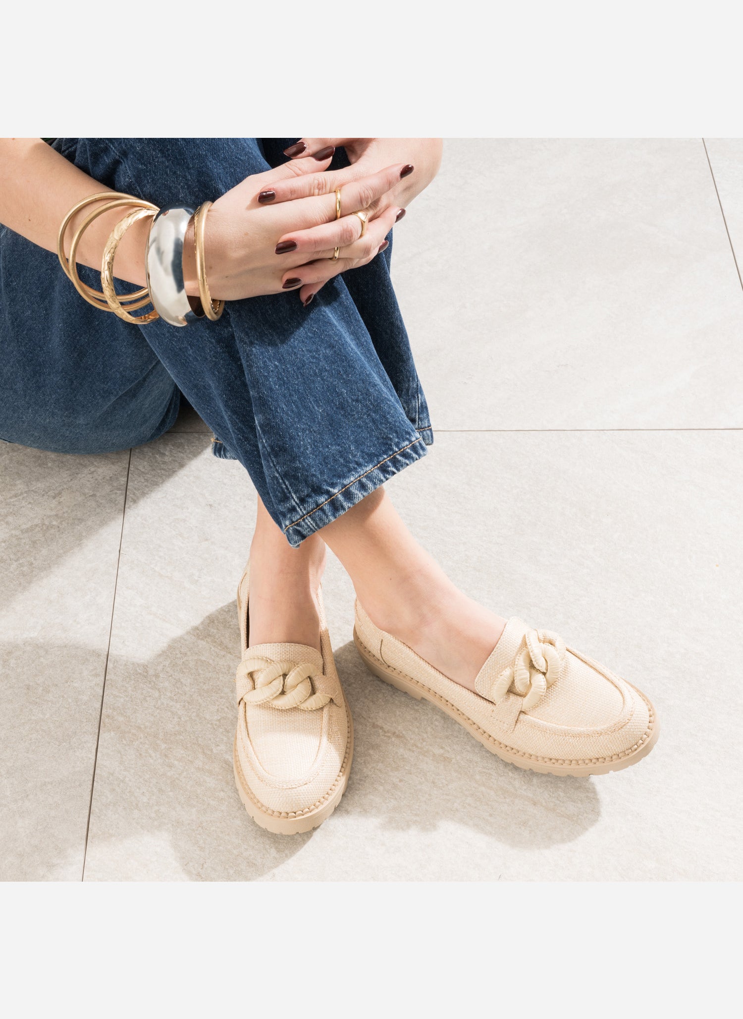 Eram Mocassins Mocassin TEXTO beige tressage et maxi chaîne femme beige ...