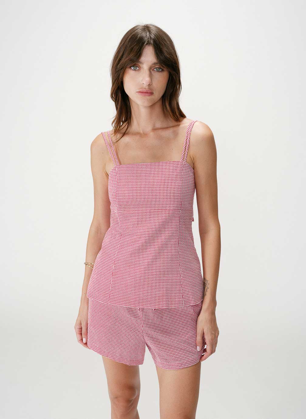 Grace & Mila Tops Top en coton vichy ajusté col carré rouge Wynel femme ...